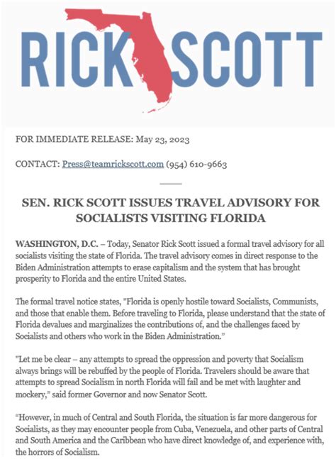 Sen Rick Scott Issues Travel Advisory For Socialists Visiting Fl Rdsa