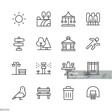 파크 라인 아이콘 편집 가능한 스트로크 픽셀 완벽한 모바일 및 웹용 회전 목마 개 가족 피트니스 분수 우정 잔디 건강한 라이프 스타일 풍경 자연 식물 놀이터 스포츠 봄 태양