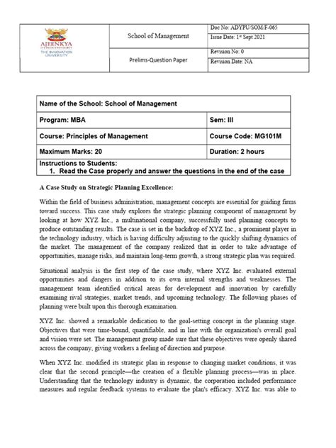 Pom Prelim Qp 2023 24 Sem 1 Download Free Pdf Strategic Planning Strategic Management