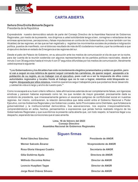 CARTA ABIERTA DE LA ANGR A LA PRESIDENTA DINA BOLUARTE ANGR
