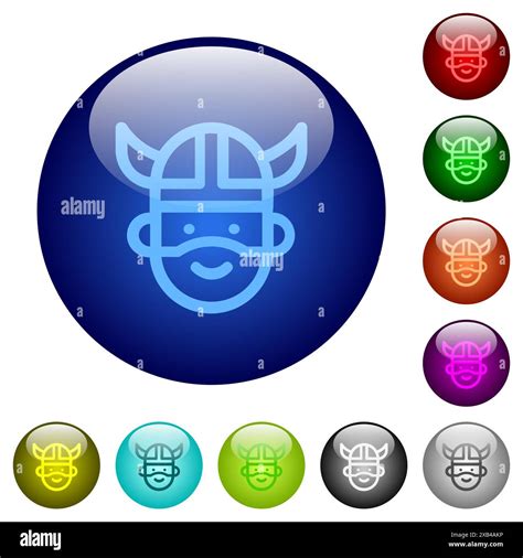 Viking Avatar Outline Icons On Round Glass Buttons In Multiple Colors Arranged Layer Structure