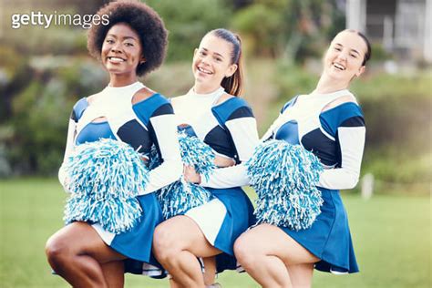 Cheerleader Group Portrait Field And Women Together For Teamwork