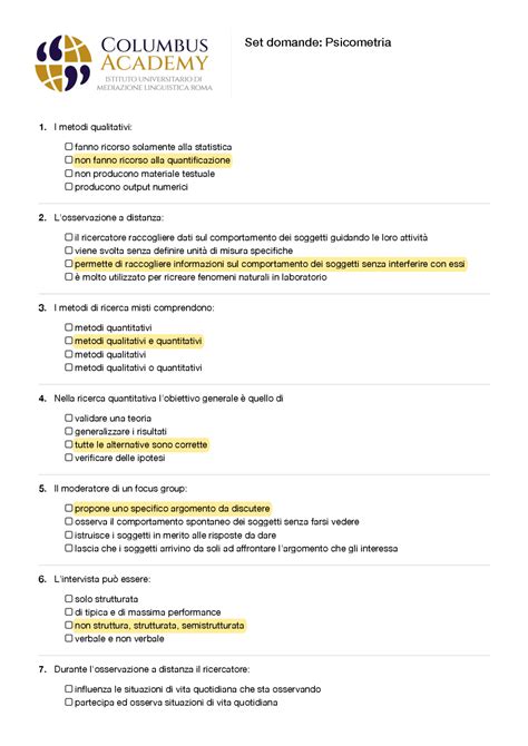 Set Domande Psicometria Columbus Academy Panieri Di Psicometria Docsity