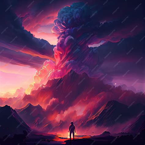 Premium Photo A Man Stands In Front Of An Exploding Volcano
