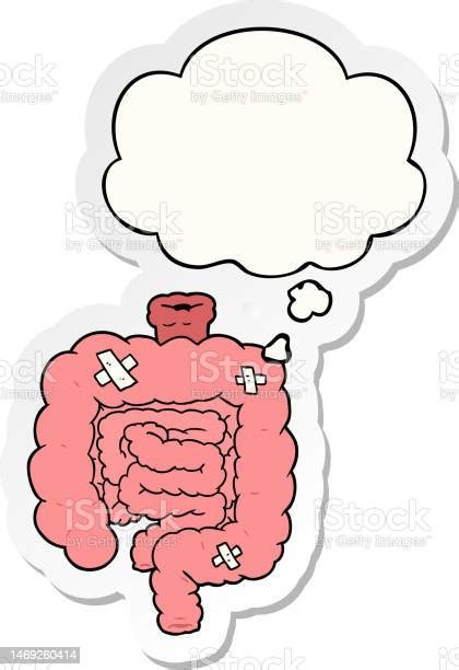 만화는 인쇄 된 스티커로 생각 거품으로 창자를 수리했습니다 건강관리와 의술에 대한 스톡 벡터 아트 및 기타 이미지 건강관리와