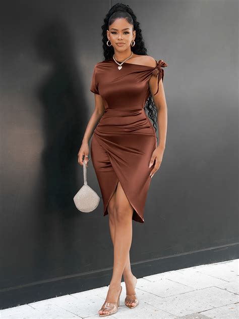 Shein Sxy Satin Asymmetrical Neck Knot Ruched Wrap Hem Bodycon Dress