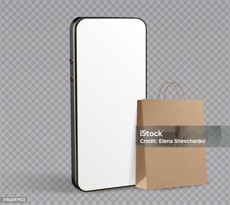 가방 전화 3d 벡터 일러스트 레이 션 온라인 쇼핑 템플릿 스마트 폰 응용 프로그램을위한 모바일 스마트 폰이 있는 선물 가게 가방 E 구입 인터넷 스토어 Brand Name