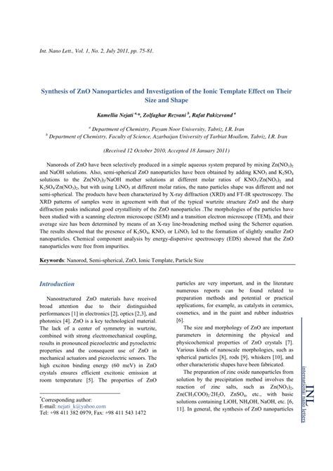 Pdf Synthesis Of Zno Nanoparticles And Investigation Of The Ionic Template Effect On Their