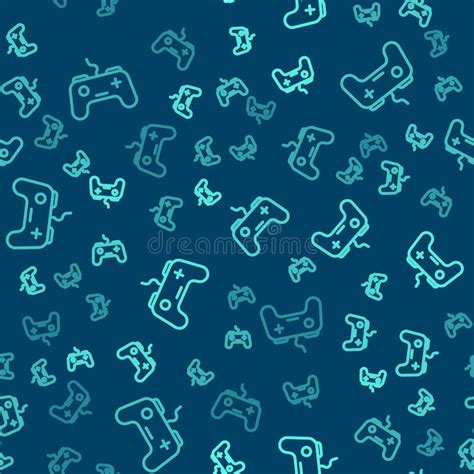 Green Line Gamepad Icon Isolated Seamless Pattern On Blue Background Game Controller Vector