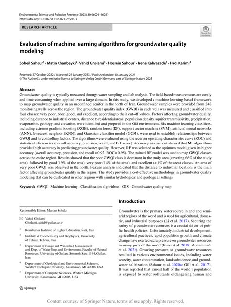 evaluation of machine learning algorithms for groundwater quality