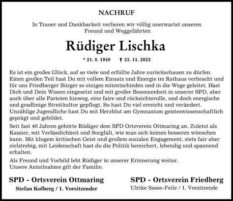 Traueranzeigen Von R Diger Lischka Augsburger Allgemeine Zeitung