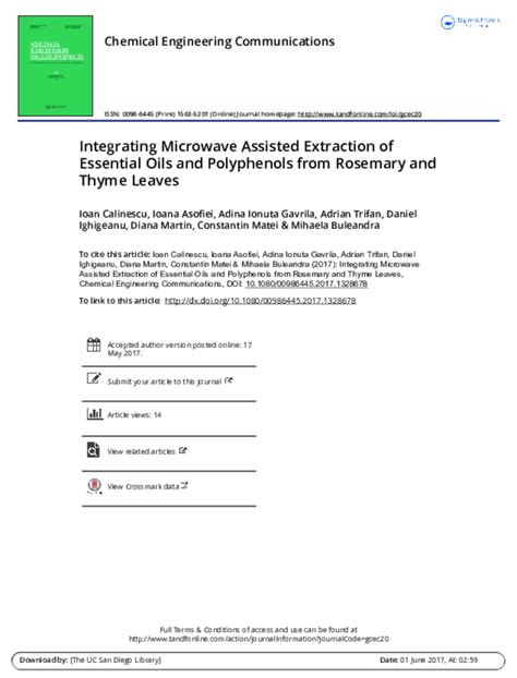 Pdf Integrating Microwave Assisted Extraction Of Essential Oils And Polyphenols From Rosemary
