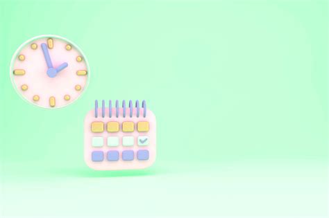 의제 요소의 3d 렌더링 아이콘 달력과 시간 관리의 배경 개념에 복사 공간이있는 시계 3d 렌더링 일러스트 만화 스타일 3차원