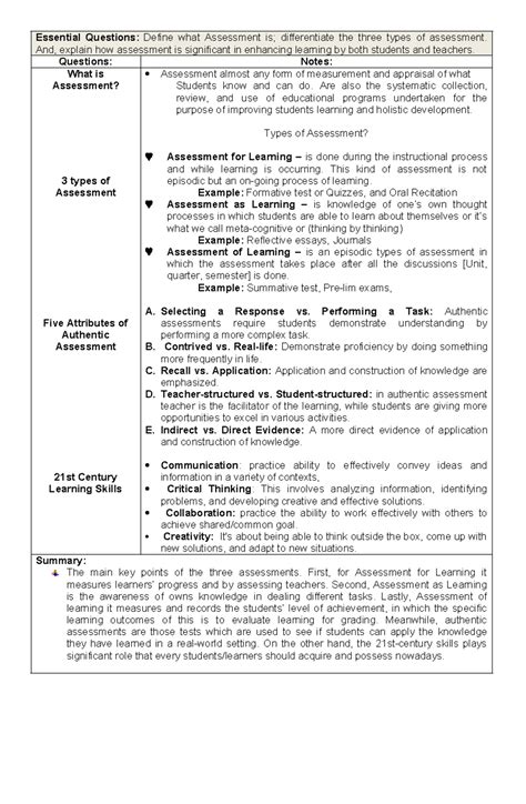 Cornells Notes Cornells Notes In Educ 5 Essential Questions Define What Assessment Is