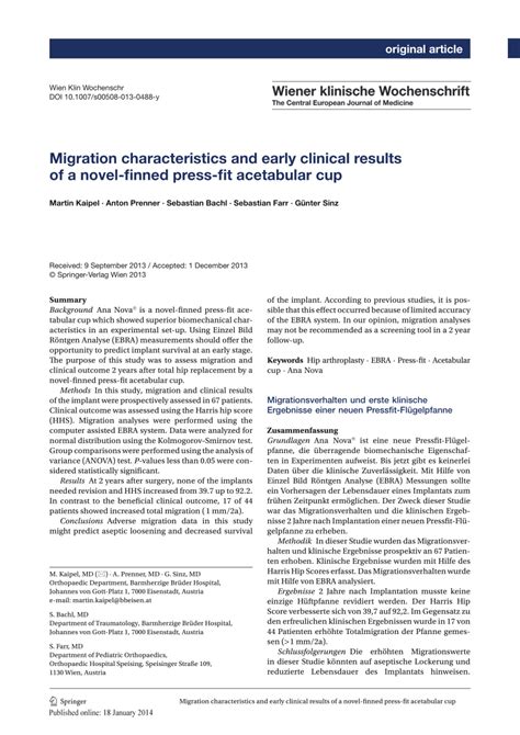 Pdf Migration Characteristics And Early Clinical Results Of A Novel