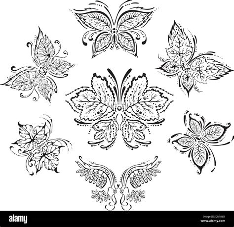 Symmetrical Floral Butterflies Set Of Black And White Vector