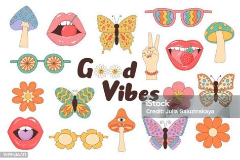 레트로 60 년대 70 년대 그루비 세트 좋은 분위기 귀여운 빈티지 히피 꽃무늬 선형 컬러 벡터 그림입니다 나비에 대한 스톡 벡터 아트 및 기타 이미지 Istock