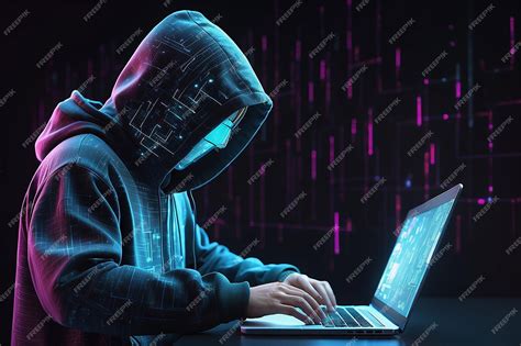 Hacker In A Hood Using A Laptop Coding And Data On A Code Background Digital Symbols And