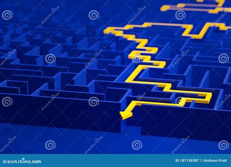 Concept Solving A Complex Problem Blue Maze With Yellow Solution