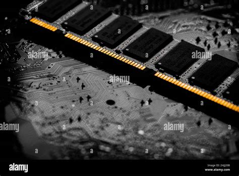 Macro Close Up Of Computer Ram Chip Random Access Memory Chip Slot For