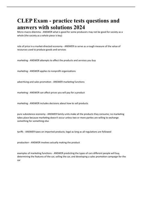 Clep Exam Practice Tests Questions And Answers With Solutions 2024