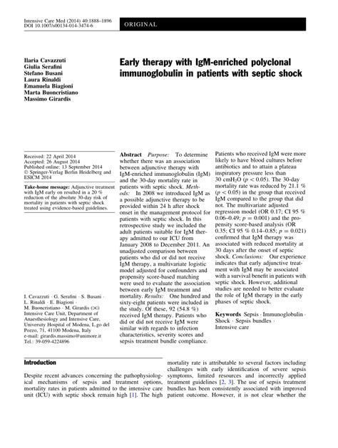 Pdf Early Therapy With Igm Enriched Polyclonal Immunoglobulin In Patients With Septic Shock