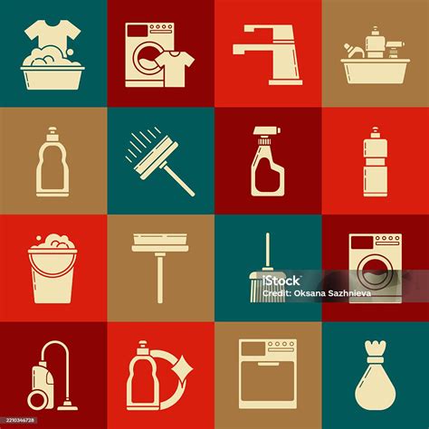 쓰레기 봉투 세탁기 액체 식기 세척액용 플라스틱 병 수도꼭지 스퀴지 스크레이퍼 와이퍼 비눗방울이 있는 세면대 및 청소 스프레이 세제 아이콘을 설정합니다 벡터 T 셔츠에 대한
