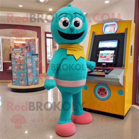 Teal Gumball Machine Personnage De Costume De Mascotte Habillé Avec Un