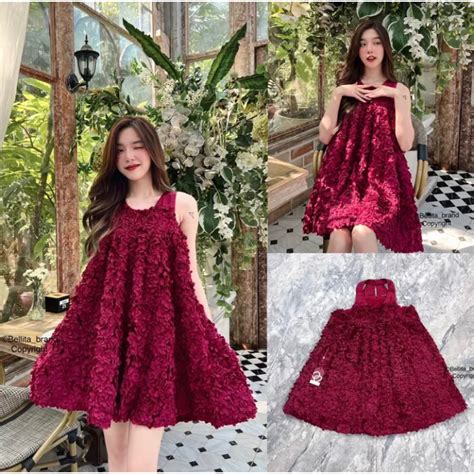 ♥️ Bellita Dress เดรสสั้น คอกลม แขนกุด สีแดงเบอร์กันดี Shopee Thailand