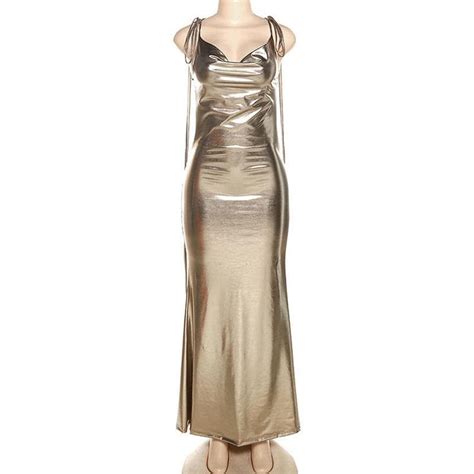 Metallic Cowl Neck Cross Back Self Tie Ruched Maxi Dress Maxi Dress
