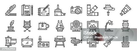 커터 노트북 스케치북 페인트 브러시 카메라 색상 팔레트 페인트 롤러 보고서 프리젠 테이션 다이어그램 웹 디자인 모바일 앱을위한 벡터 아이콘과 같은 24 개의 개요 웹 아티스