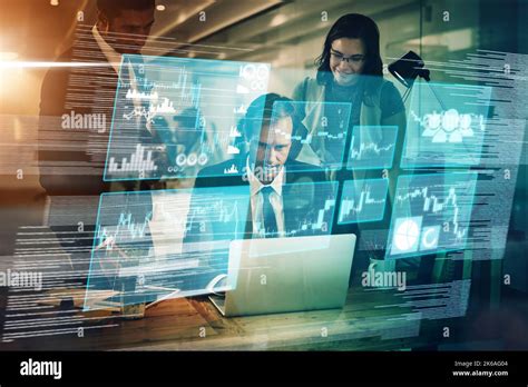 Business People Laptop Or 3d Networking Abstract In Night Office With Business People Laptop Or 3d Networking Abstract In Night Office With