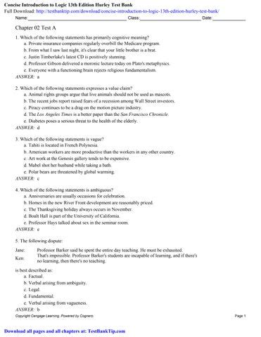 Concise Introduction To Logic Th Edition Hurley Test Bank By Charlesey Issuu