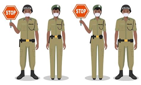 경찰 및 검역 개념 전통적인 유니폼과 보호 마스크를 입은 아프리카 경찰관과 경찰관 부부는 평평한 스타일의 흰색 배경에 함께 서 있습니다 벡터 그림입니다 아프리카에 대한 스톡