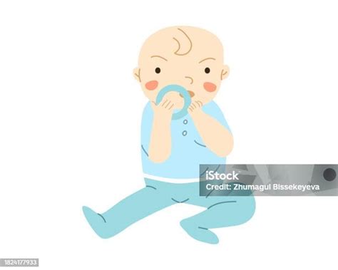 작은 아기 소년 씹는 젖니 장난감 벡터 일러스트 레이 션 고립 아기와 Teether 반지 건강한 생활방식에 대한 스톡 벡터 아트