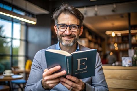 Man With Glasses Reading Book Cartoon Illustration Premium Ai