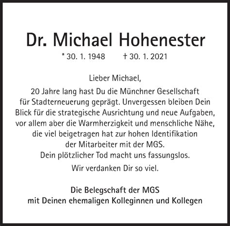 Traueranzeigen Von Michael Hohenester Sz Gedenken De