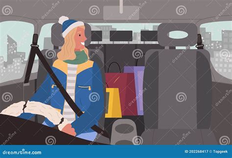 Female Character Driving Car In Winter Road Trip Stock Vector