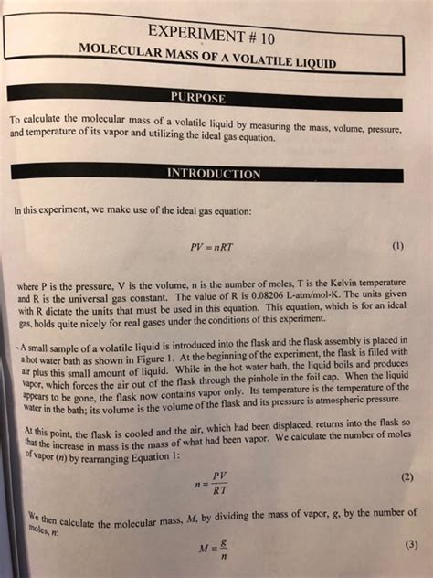 Solved Experiment 10 Molecular Mass Of A Volatile Liquid