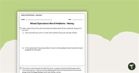 Mixed Operations Word Problem Worksheets Upper Primary Teach Starter