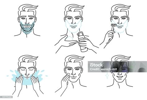 수염을 면도하고 얼굴 피부를 관리하는 남자 캐릭터 거품과 로션 면도기로 면도하십시오 뷰티 바디 케어 개념 면도에 대한 스톡 벡터