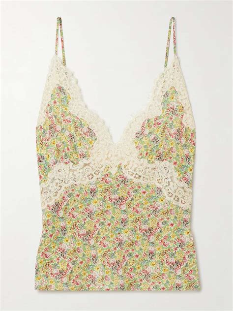 DÔen Neria Corded Lace Trimmed Floral Print Silk Satin Camisole Net A