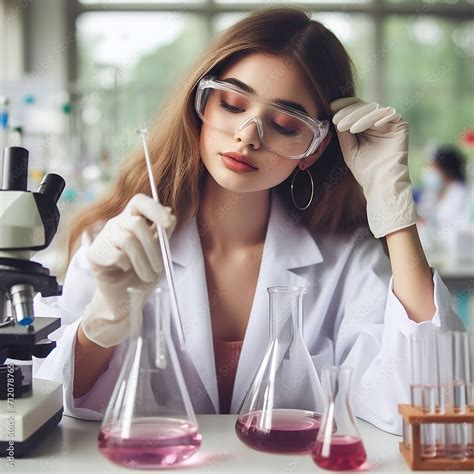 A Babe Girl Wearing Lab Coat And Goggles Doing A Titration Of Chemistry Experiment In A