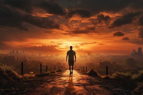 Premium AI Image Athletic Man Walking On A Road Into The Sunset