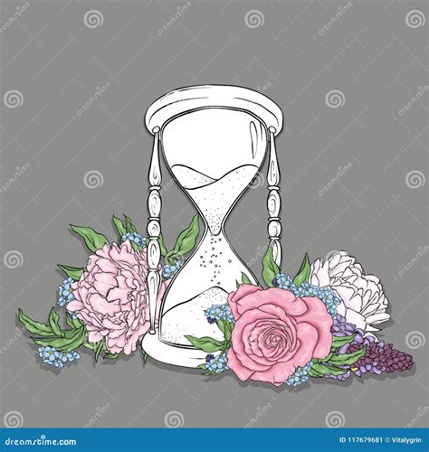 Ancient Hourglass And Beautiful Flowers Peonies And Roses Vector