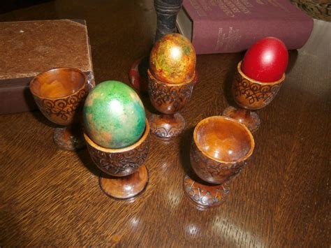 Vintage Wooden Egg Cup Set Russian Folk Motives