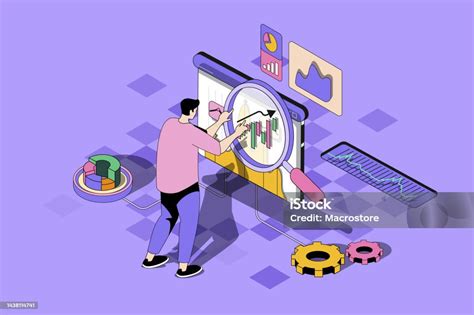 3d 아이소메트릭 디자인의 Seo 최적화 웹 개념 Man은 마케팅 도구를 사용하여 인터넷 사이트 및 검색 엔진 최적화를 분석합니다 사람 아이소메트리 장면이 있는 벡터 웹