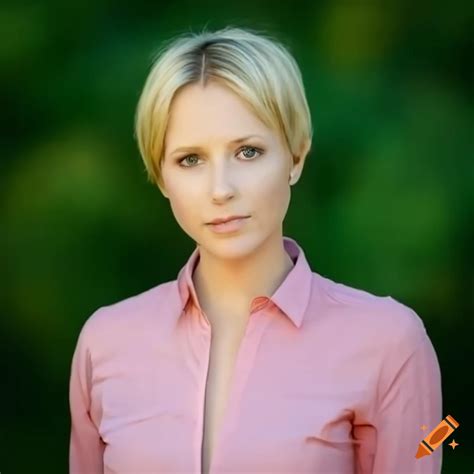 Short Blonde Haired Woman In Pink Blouse On Craiyon