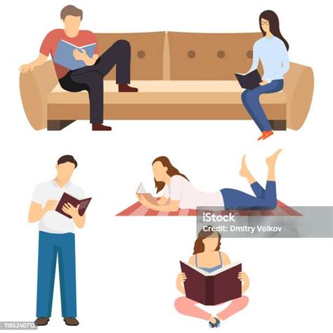 책을 읽는 사람들의 집합입니다 사람들은 다양한 포즈로 책을 읽고 서서 앉아 있습니다 연인은 도서관에 책 독자 학생 학생 방문자를 읽을 수 있습니다 평면 만화 벡터 그림입니다