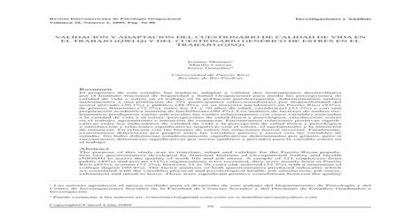 ValidaciÓn Y AdaptaciÓn Del Cuestionario De Calidad De Pdf Document